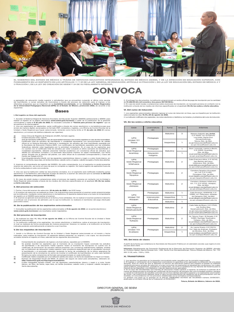 Convocatoria de Ingreso A Licenciatura en La UPN 151 Toluca y Sedes Regionales para El Ciclo ...