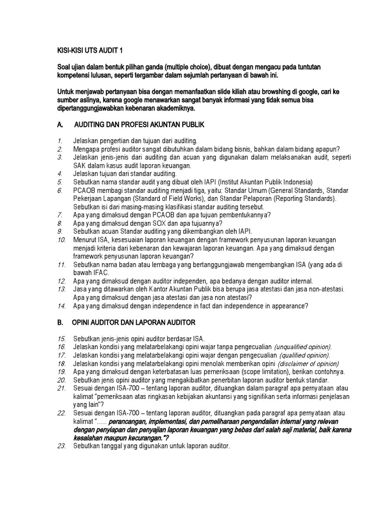 Kisi-Kisi UTS Audit 1 | PDF | Karier & Perkembangan | Bisnis