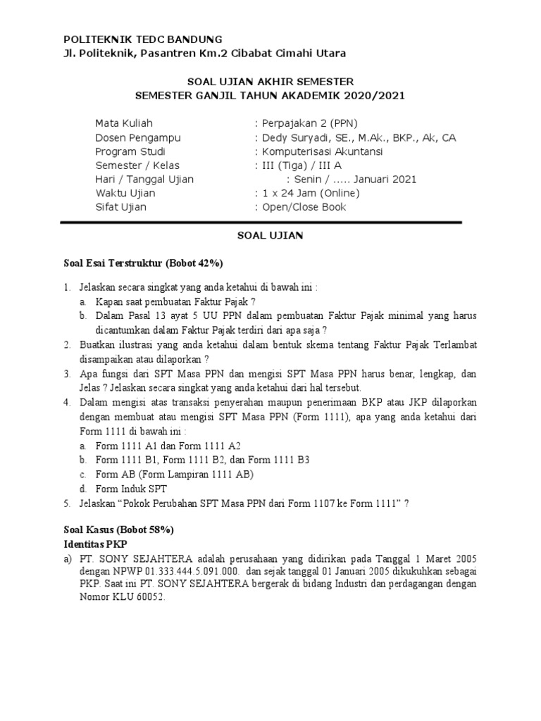 Soal UAS Perpajakan 2 3A TEDC (2020 - 2021) | PDF