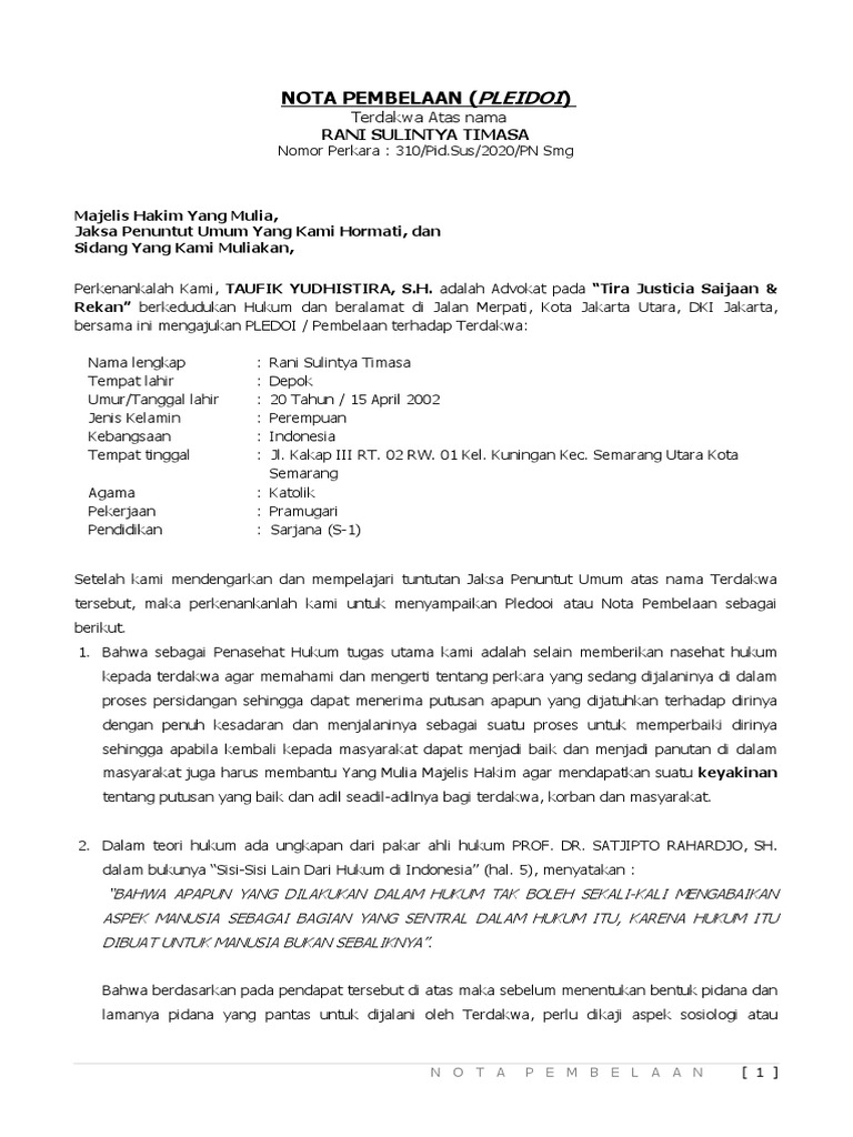 Nota Pembelaan Terdakwa Rani Timasa | PDF | Hukum | Politik