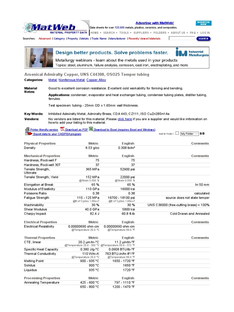 Arsenical Admiralty Copper, Uns C44300, Oso25 Temper Tubing: Advertise ...
