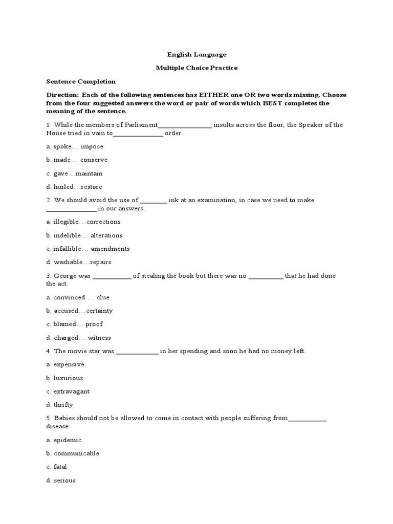 English Language-Multiple Choice Practice | PDF | Classroom | Pimple