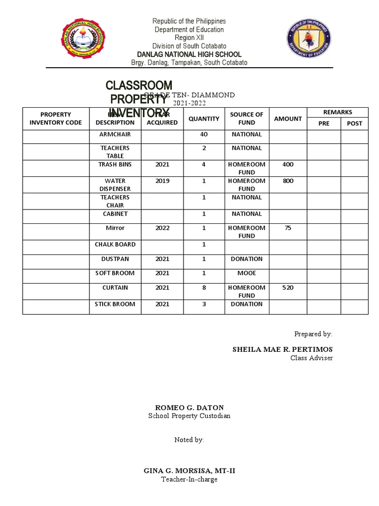 Classroom Property Inventory | PDF