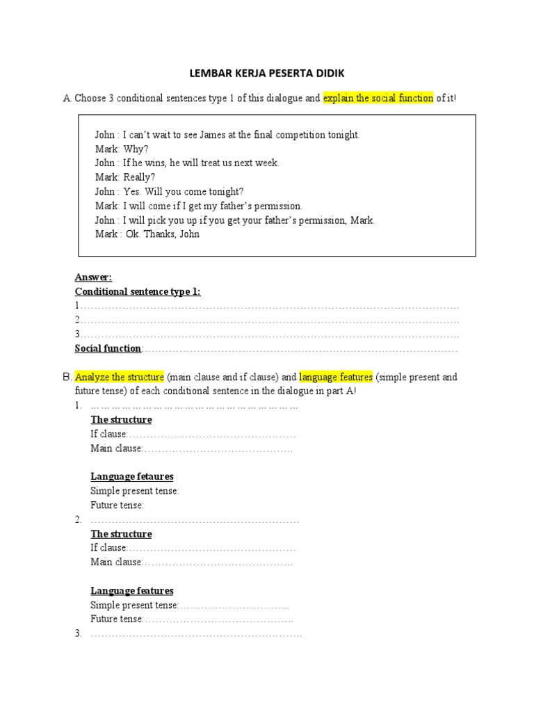 Lembar Kerja Peserta Didik: Answer: Conditional Sentence Type 1 | PDF ...