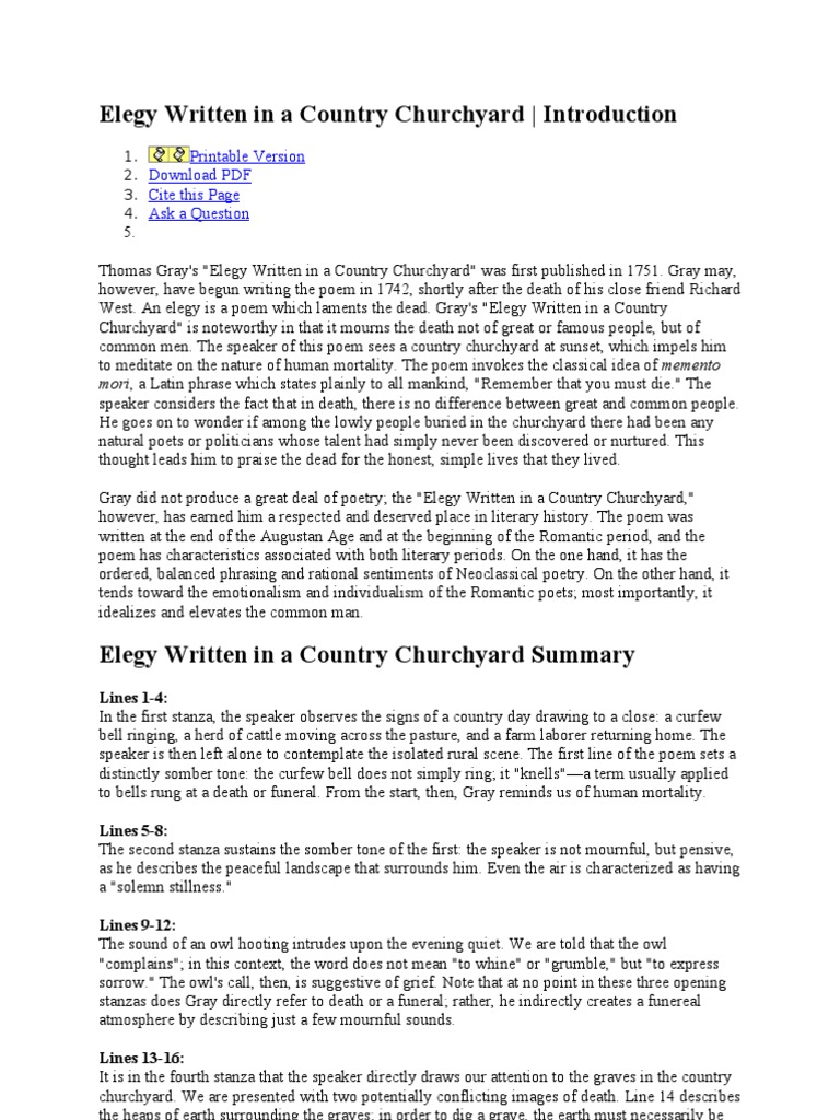 Summary of Gray's Elegy in a Churchyard | PDF | Poetry
