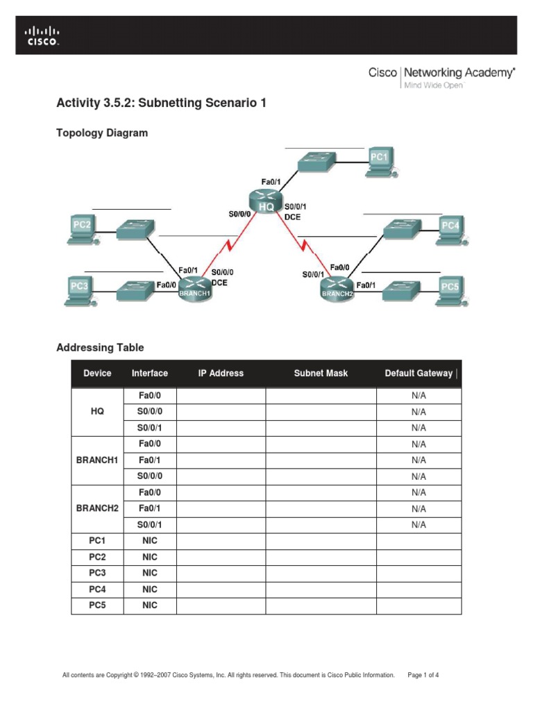 Activity 3.5.2: Subnetting Scenario 1: Topology Diagram | PDF | Ip Address | Router (Computing)