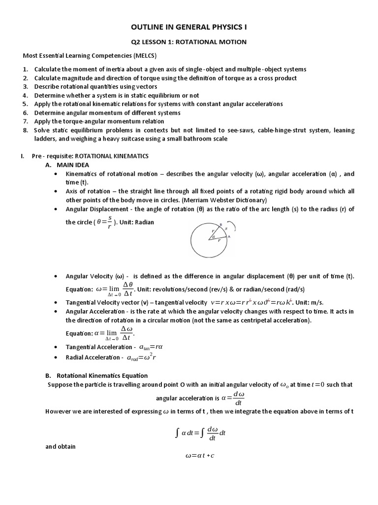 Outline in General Physics I: Q2 Lesson 1: Rotational Motion | PDF ...