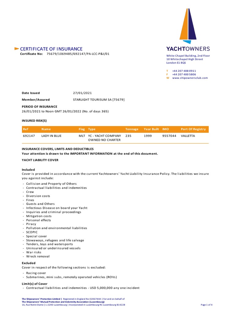 LF Certificate - 75679 - 1069485 - LADY IN BLUE - LCC-PA-P&I - 01 | PDF | Insurance | Liability ...