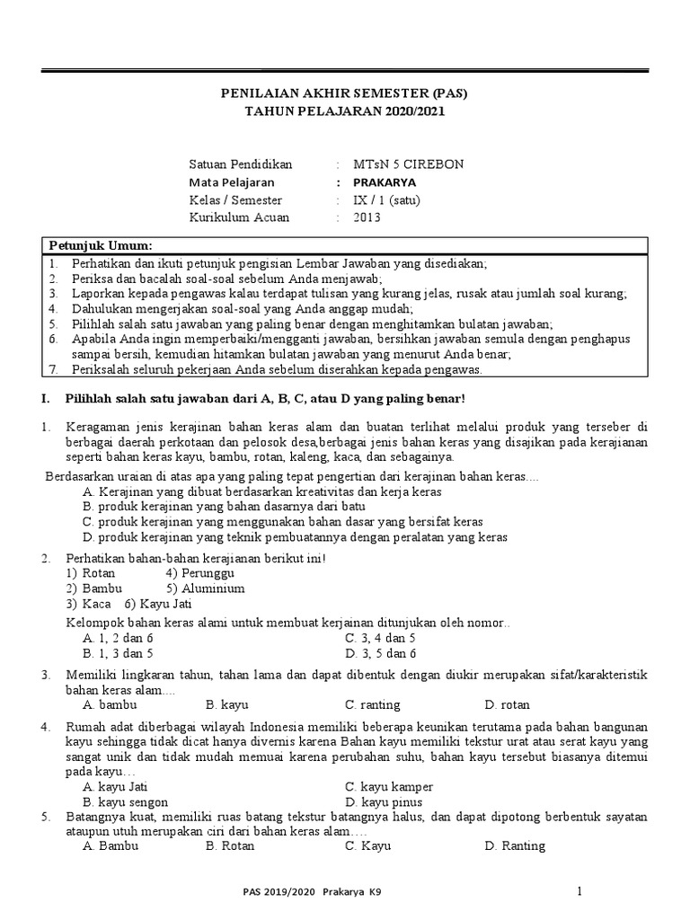 Soal Pas Prakarya 9 Semester 1 | PDF | Teknologi & Rekayasa