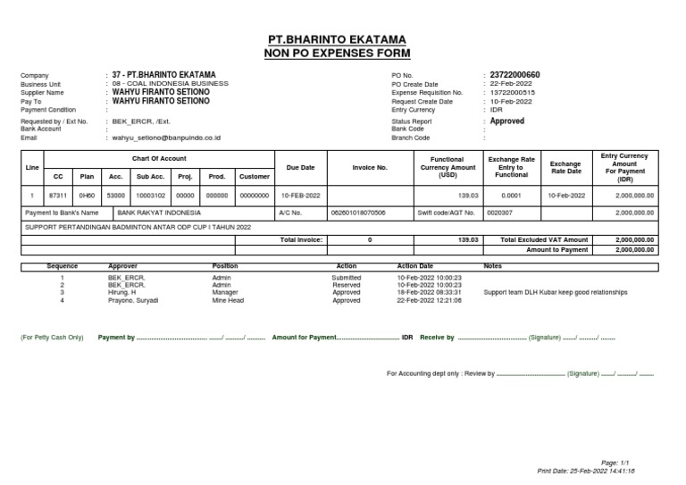 PT - Bharinto Ekatama Non Po Expenses Form | PDF | Business | Trade