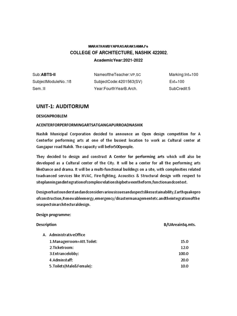 Unit-1: Auditorium: College of Architecture, Nashik 422002 | PDF ...
