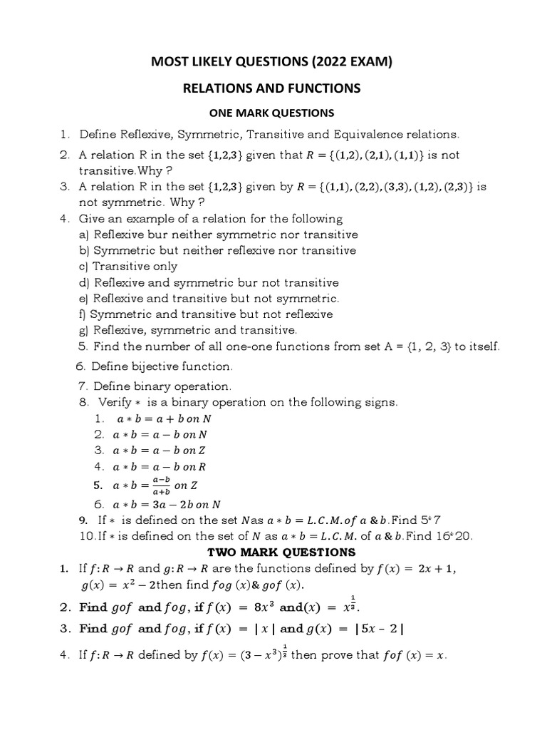Exam Questions on Relations and Functions | PDF | Tangent | Area