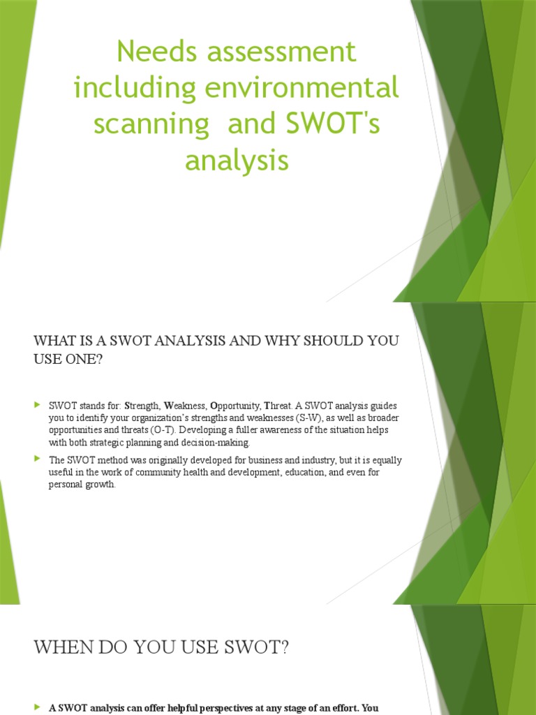 Needs Assessment Including Environmental Scanning and SWOT's Analysis ...