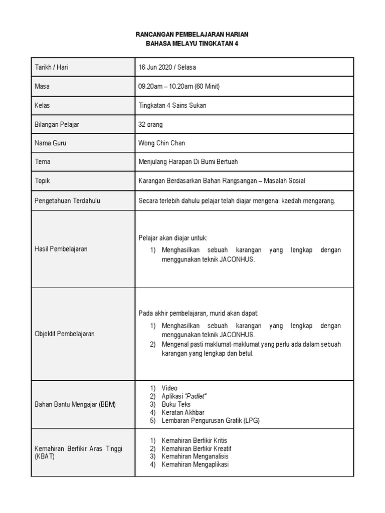 Lesson Plan - Karangan (1) (Bahan Rangsangan - Masalah Sosial) | PDF