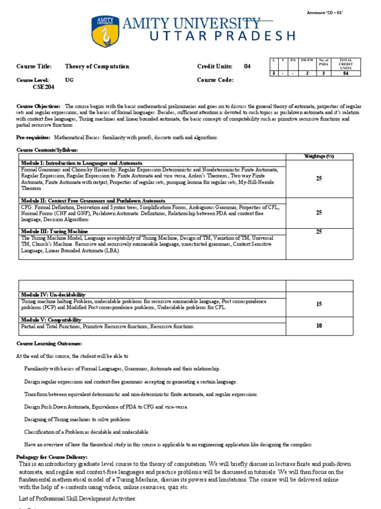 Course Title: Theory of Computation Credit Units: 04 Course Code ...