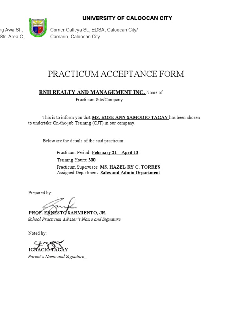 Practicum Acceptance Form - TAGAY | PDF