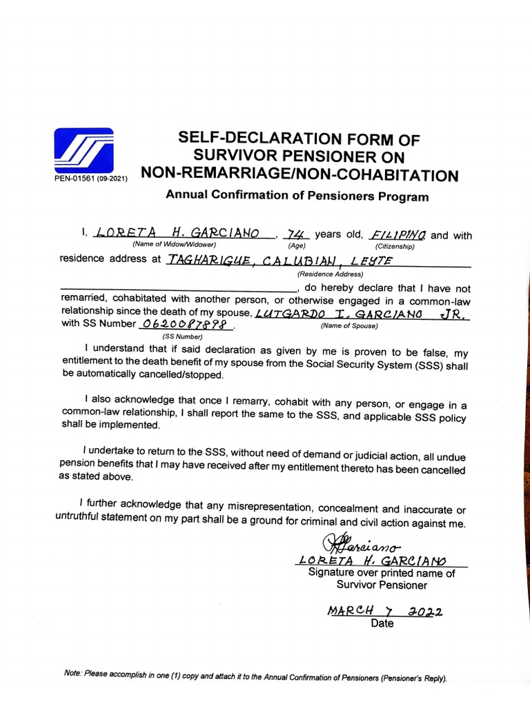 Self Declaration Form of Survivor Pensioner On Non-Remarriage | PDF
