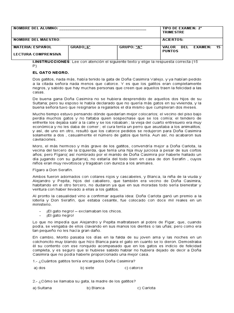 Examen Lectura Comprensiva Segundo Trimestre Scrib | PDF | Gatos