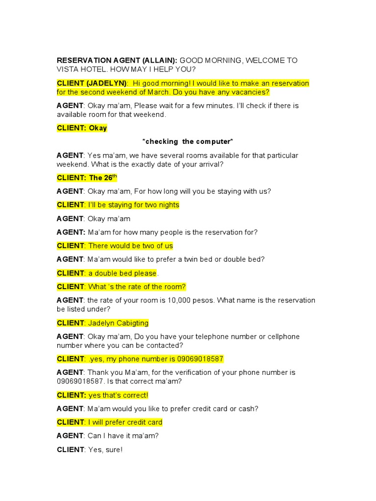 Walk in Reservation Script | PDF