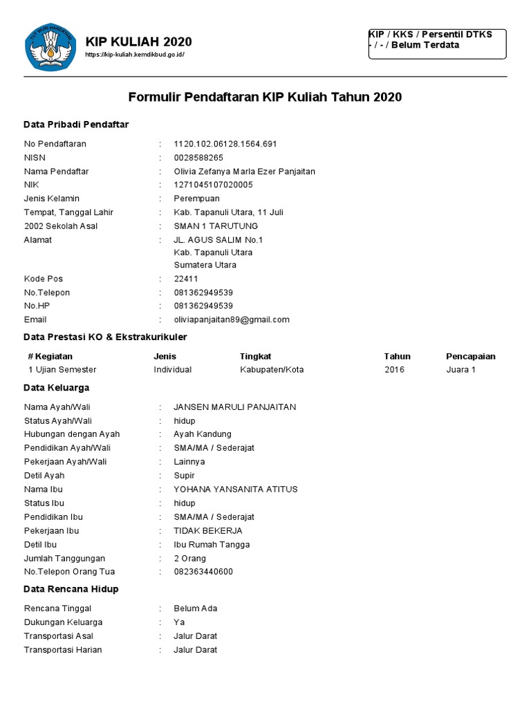Formulir Peserta KIP Kuliah 2020354 | PDF