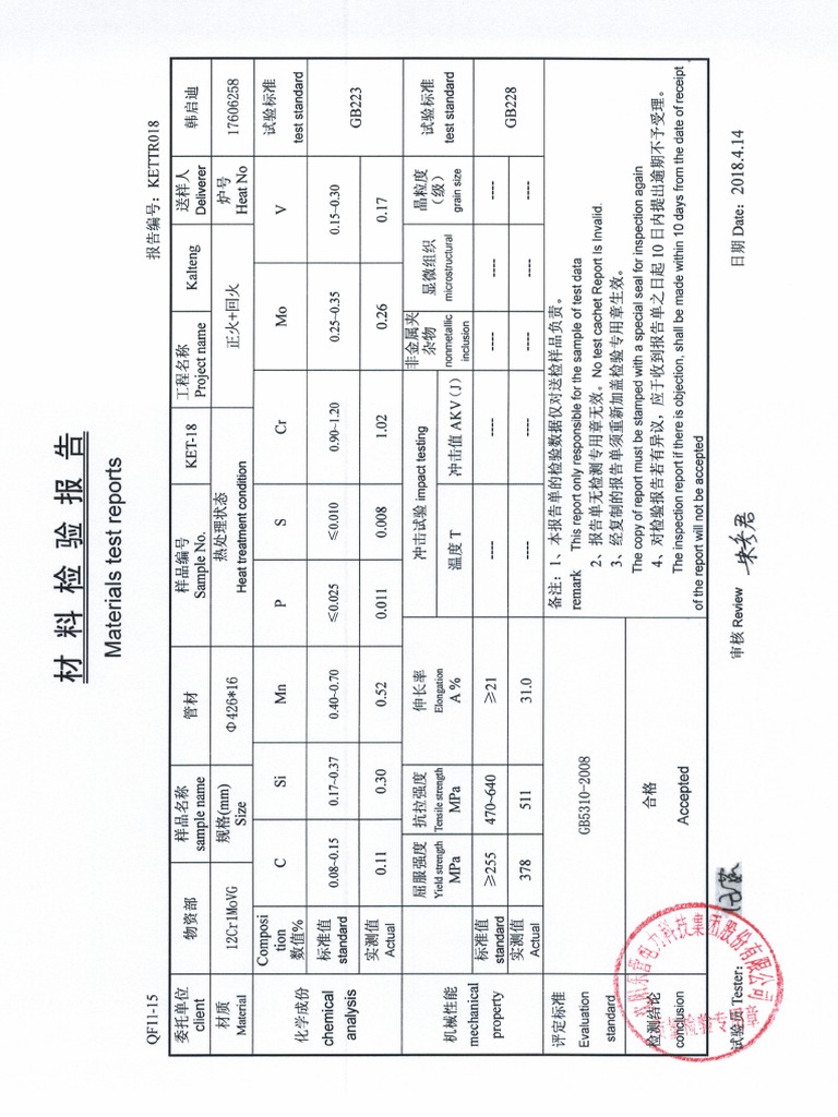 Material Certificate 12Cr1MoVG | PDF