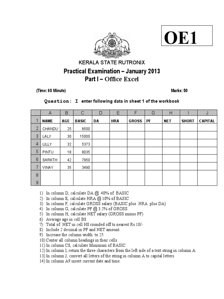 Practical Examination - January 2013 Part I - Office Excel: Kerala ...