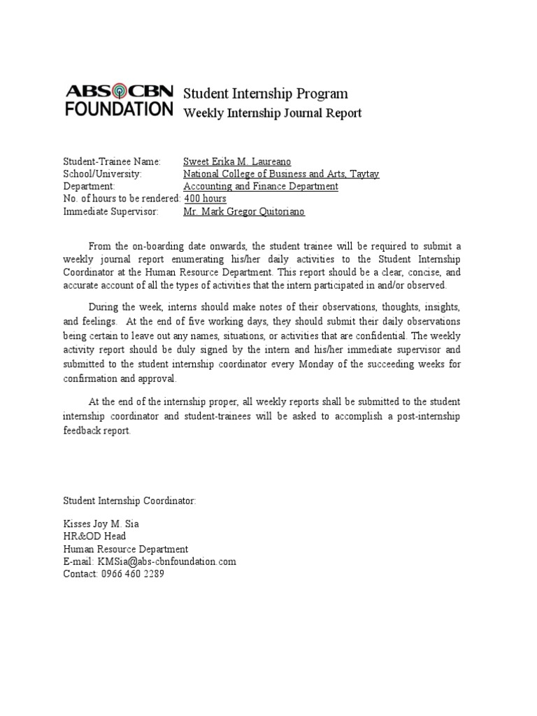 Student Internship Program: Weekly Internship Journal Report | PDF ...