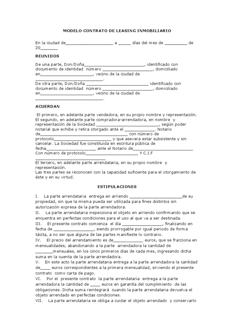 Modelo de Contrato de Leasing Inmobiliario | PDF | Arrendamiento | Alquiler
