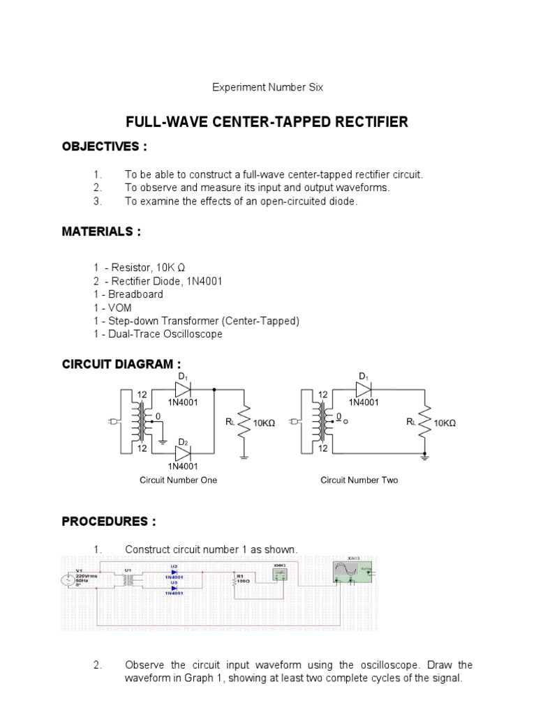 Full-Wave Center-Tapped Rectifier: Objectives | PDF | Rectifier | Electrical Network