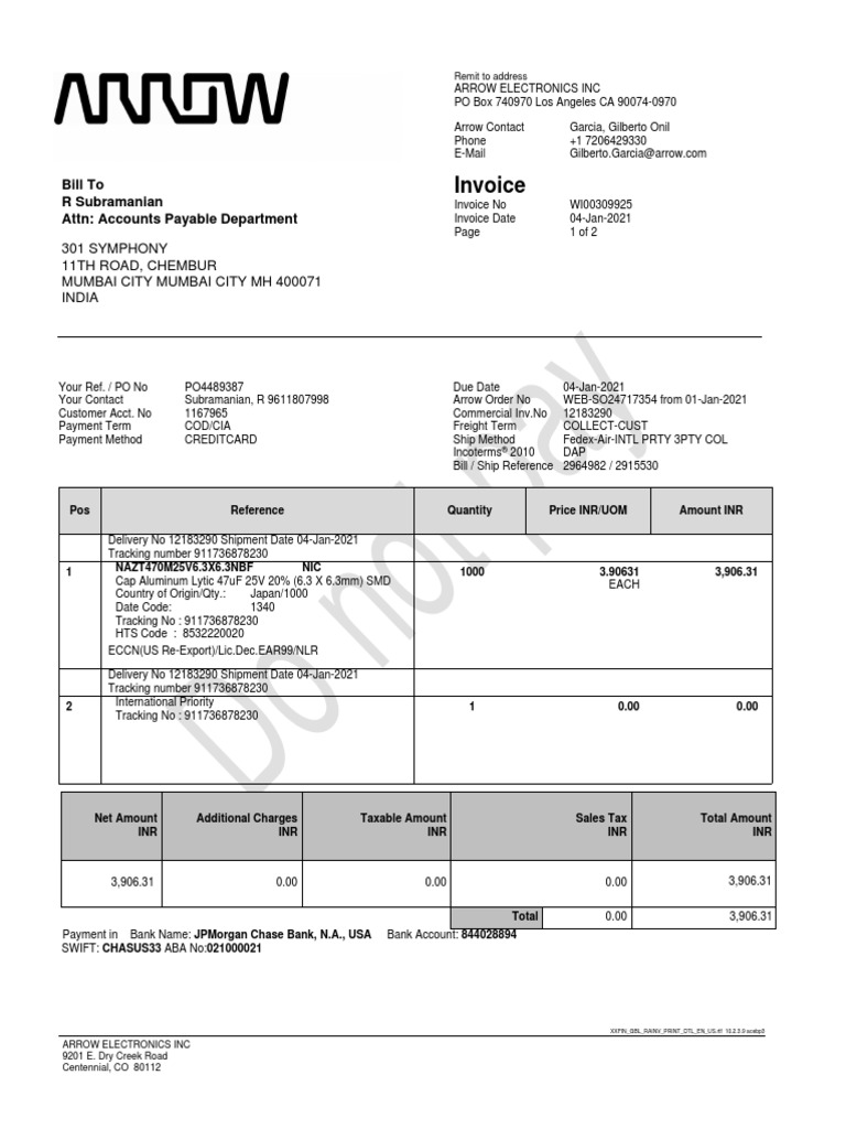 ARROW Order # WEB-SO24717354 Has An Invoice WI00309925 | PDF