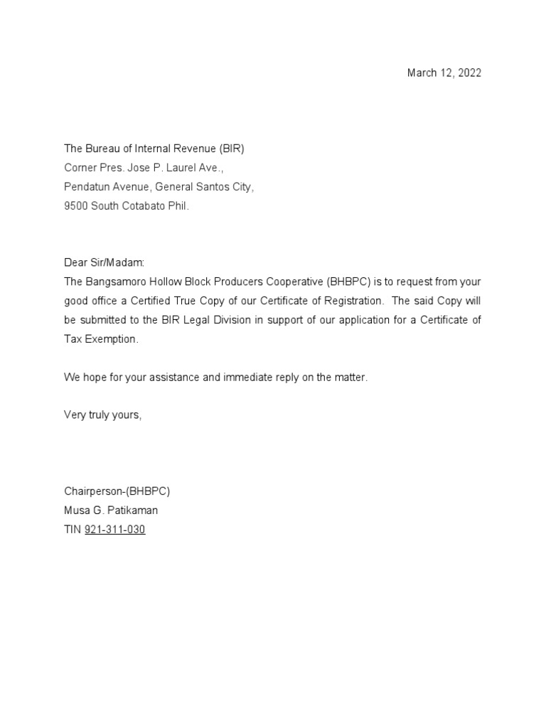 Request Letter For Cor Bir | PDF