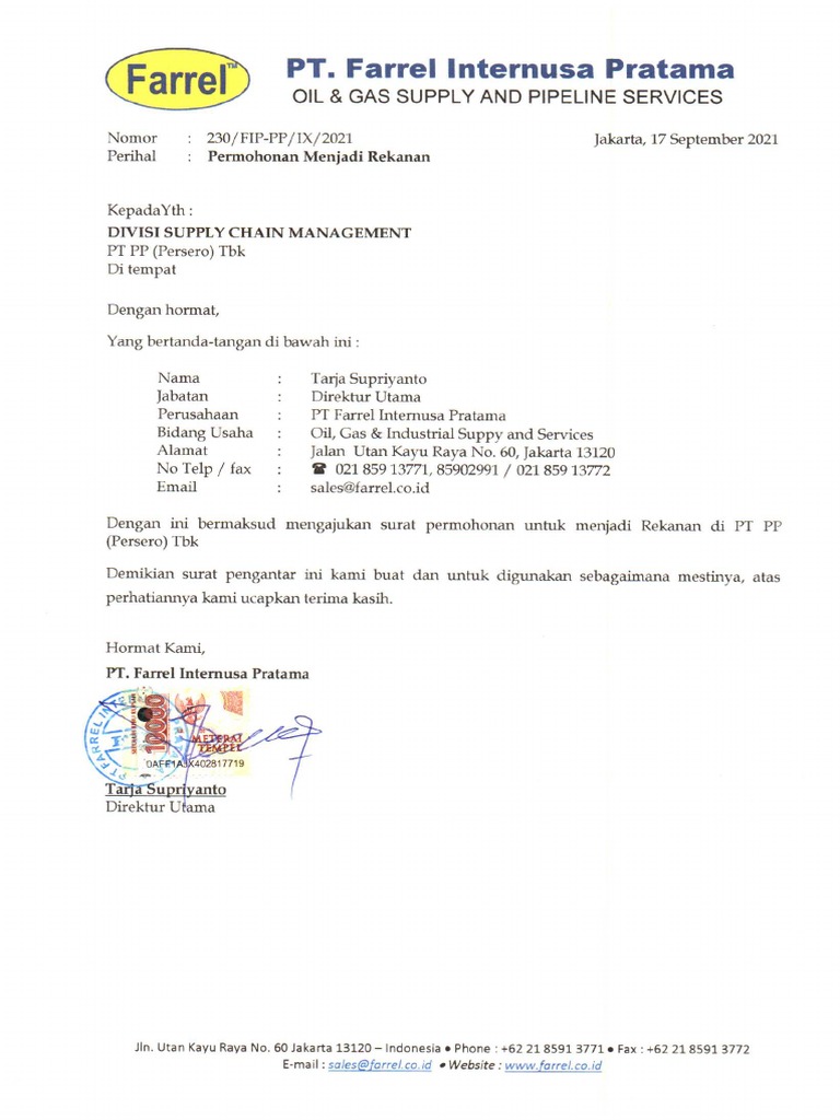 Surat Permohonan Menjadi Rekanan | PDF Surat Permohonan Menjadi Rekanan | PDF
