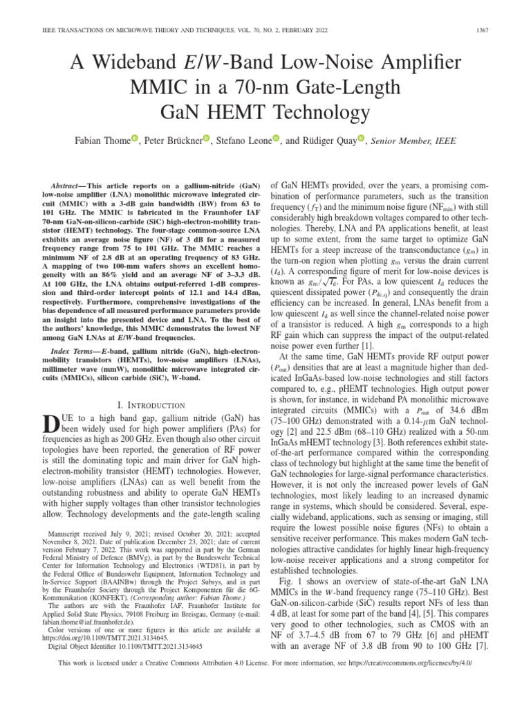 A Wideband E/W - Band Low-Noise Amplifier Mmic in A 70-Nm Gate-Length Gan Hemt Technology | PDF ...