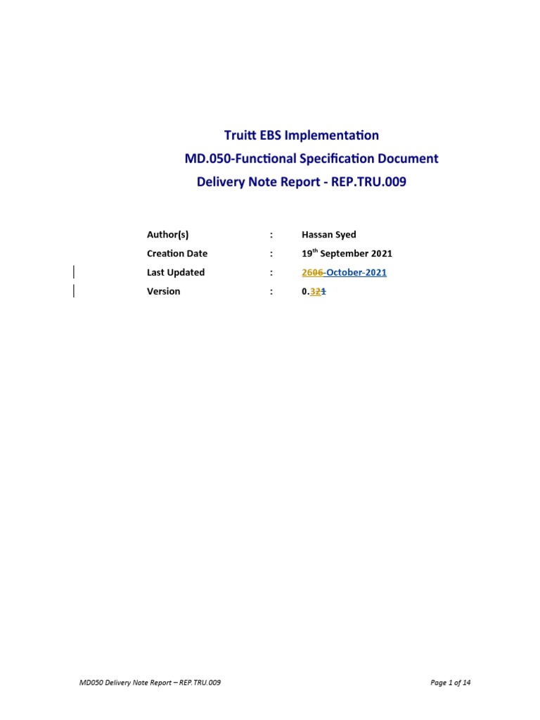MD050 Functional Specification Document-Delivery Note Report-REP - TRU.009 | PDF | Cargo | Bill ...