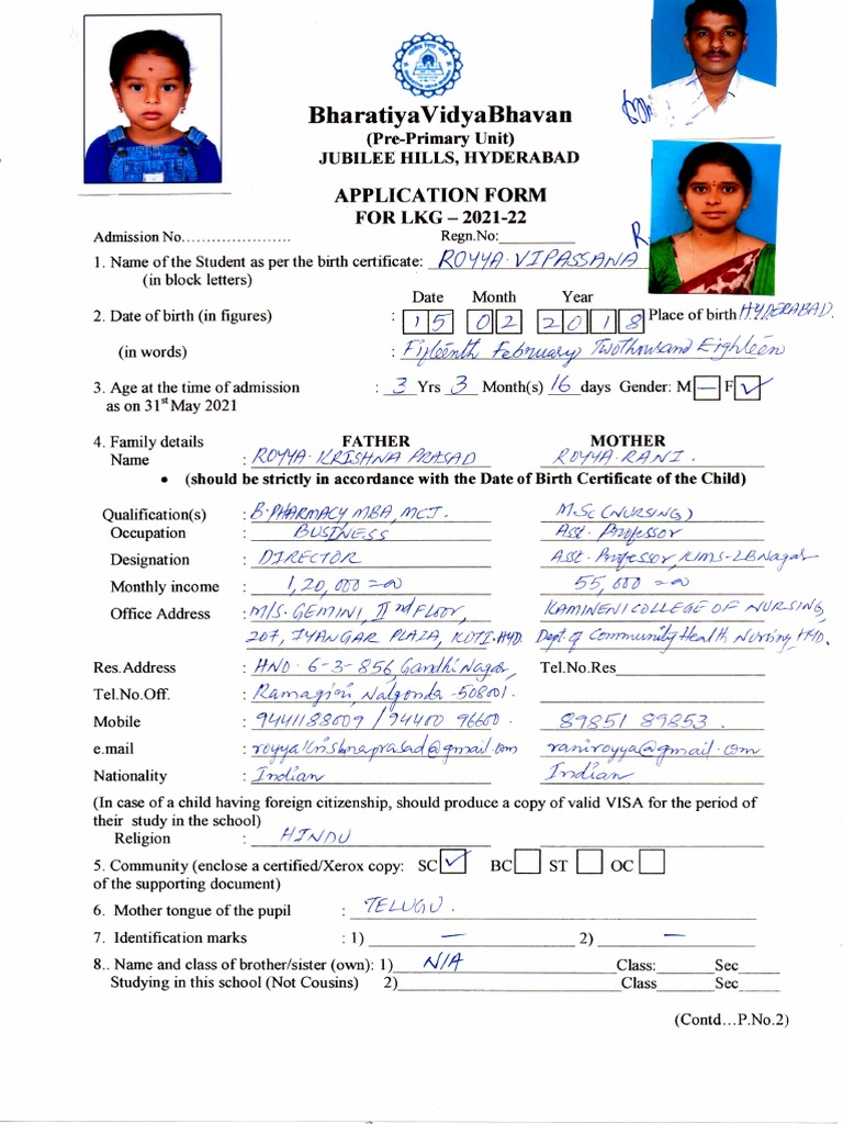 Application for Admission to LKG for the 2021-22 Academic Year at ...