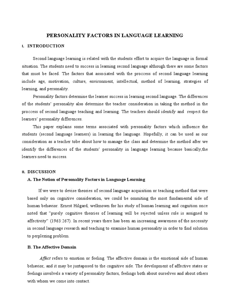 Personality Factors in Language Learning | PDF | Self Esteem | Second ...