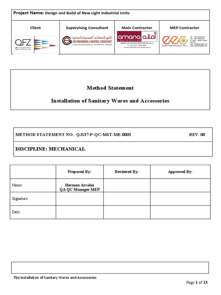 Method Statement Installation of Sanitary Wares and Accessories | PDF ...