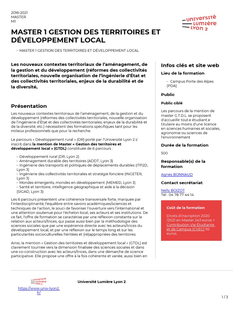 Master 1 Gestion Des Territoires Et Developpement Local | PDF