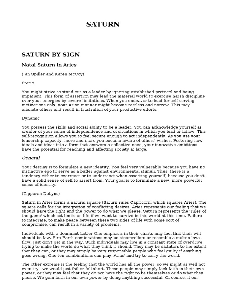 Saturn by Sign | PDF | Astrological Sign | Planets In Astrology