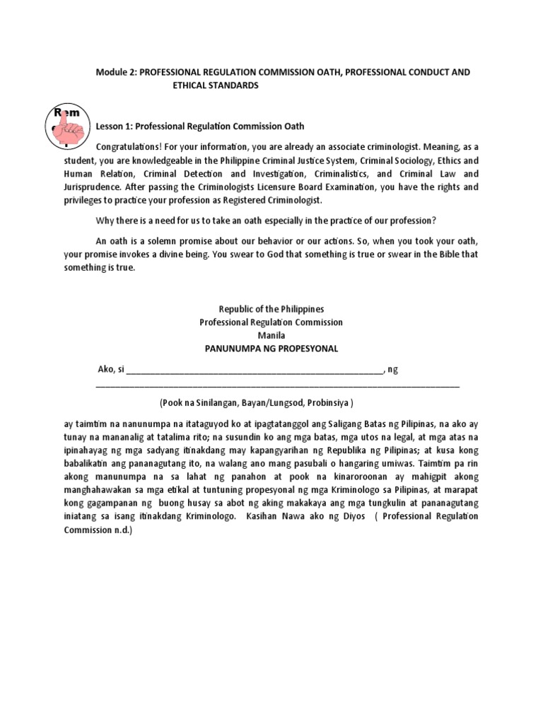 Module 2 PRC OATH, PC&ES | PDF | Oath Of Office | Crime & Violence