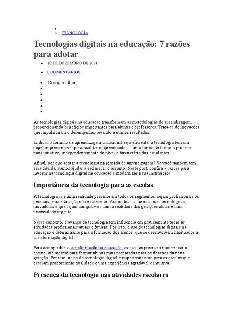 Tecnologias Digitais Na Educação: 7 Razões para Adotar | PDF ...