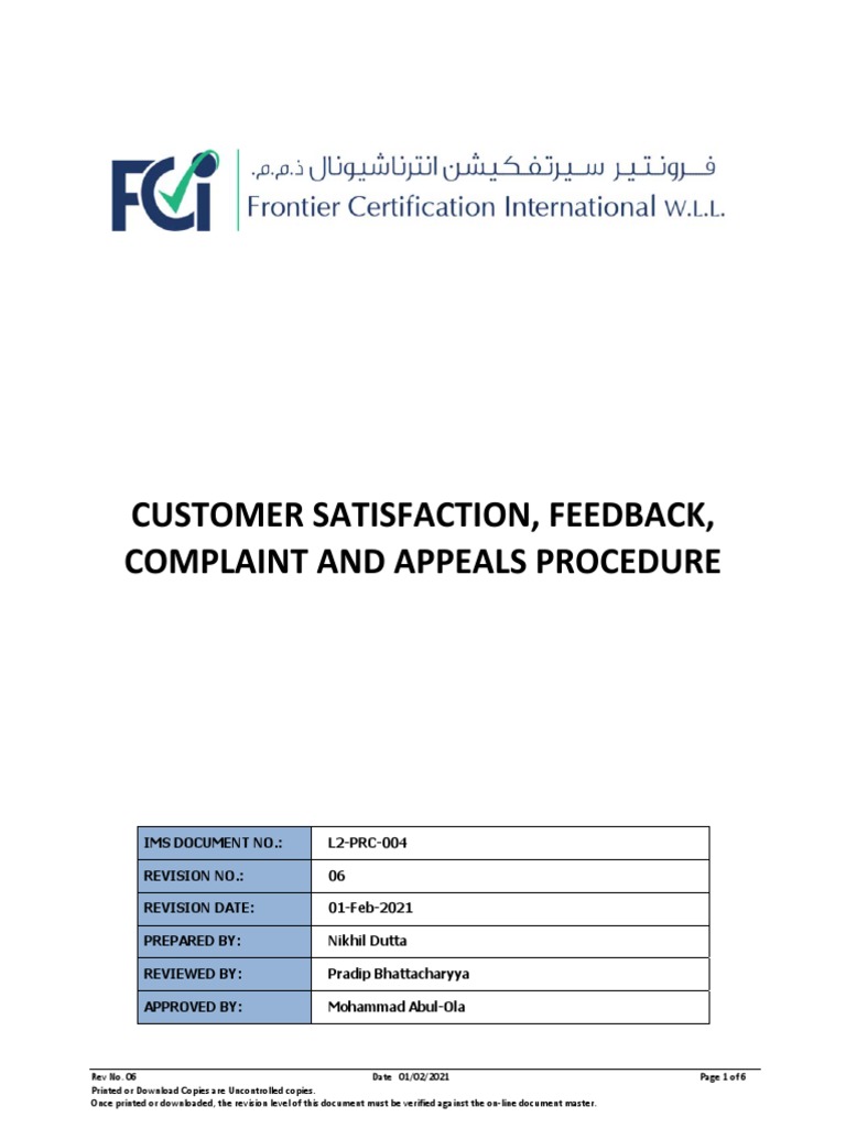 Customer Satisfaction Procedure (FCI Qatar) | PDF | Appeal | Complaint