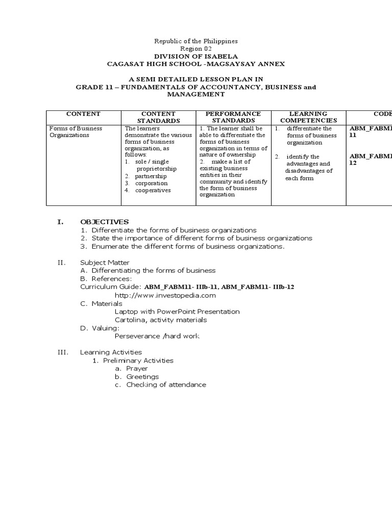 ABM LESSON PLAN Ko | PDF | Sole Proprietorship | Corporations