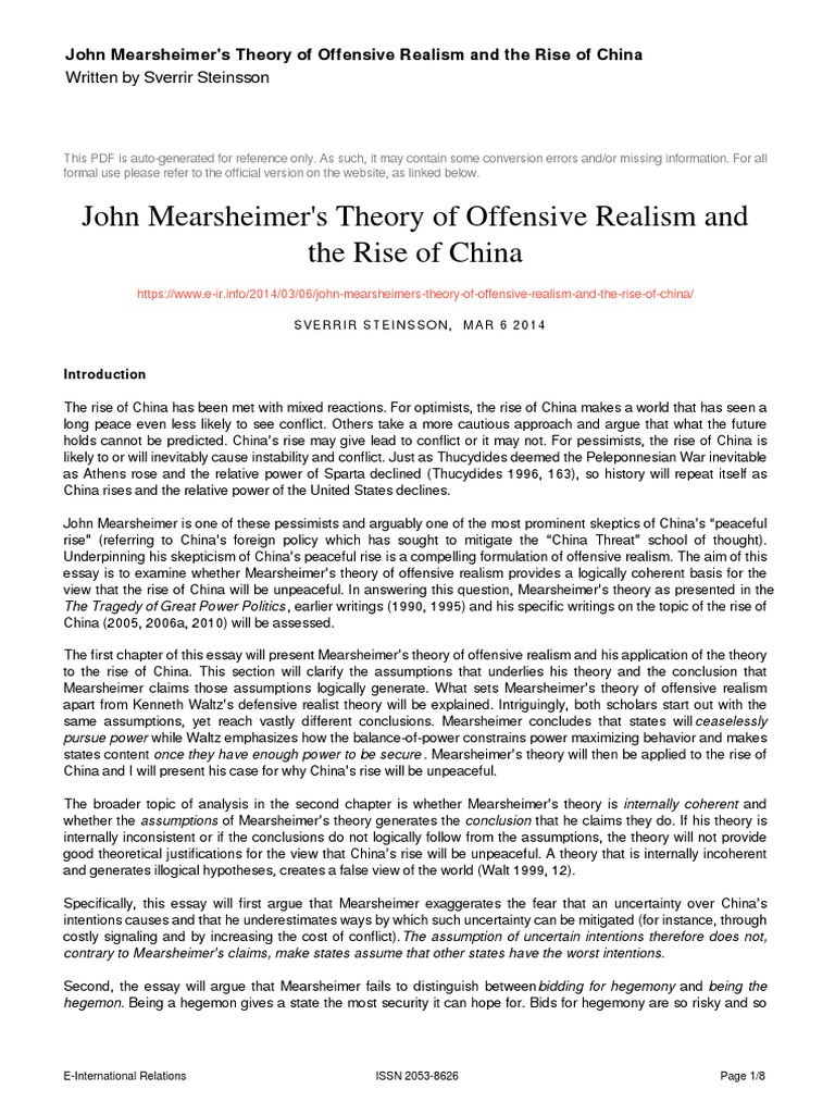 Mearsheimer's Offensive Realism & China | PDF | Mutual Assured ...