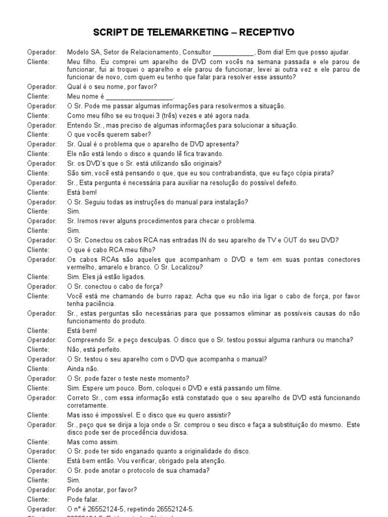 Telemarketing - Script Passivo | PDF | DVD | Lazer