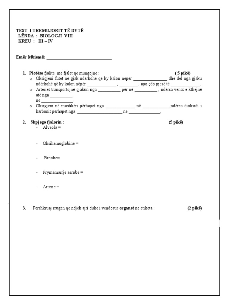 Biologjia 8 - Test 2 | PDF