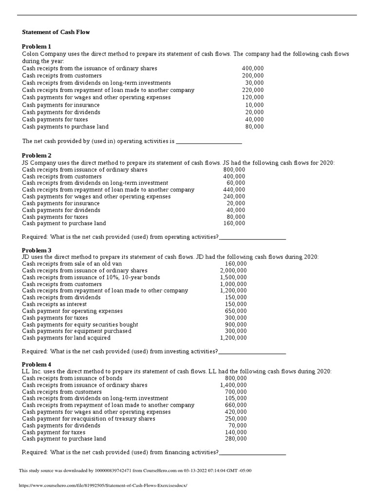 Statement of Cash Flows Exercises | PDF