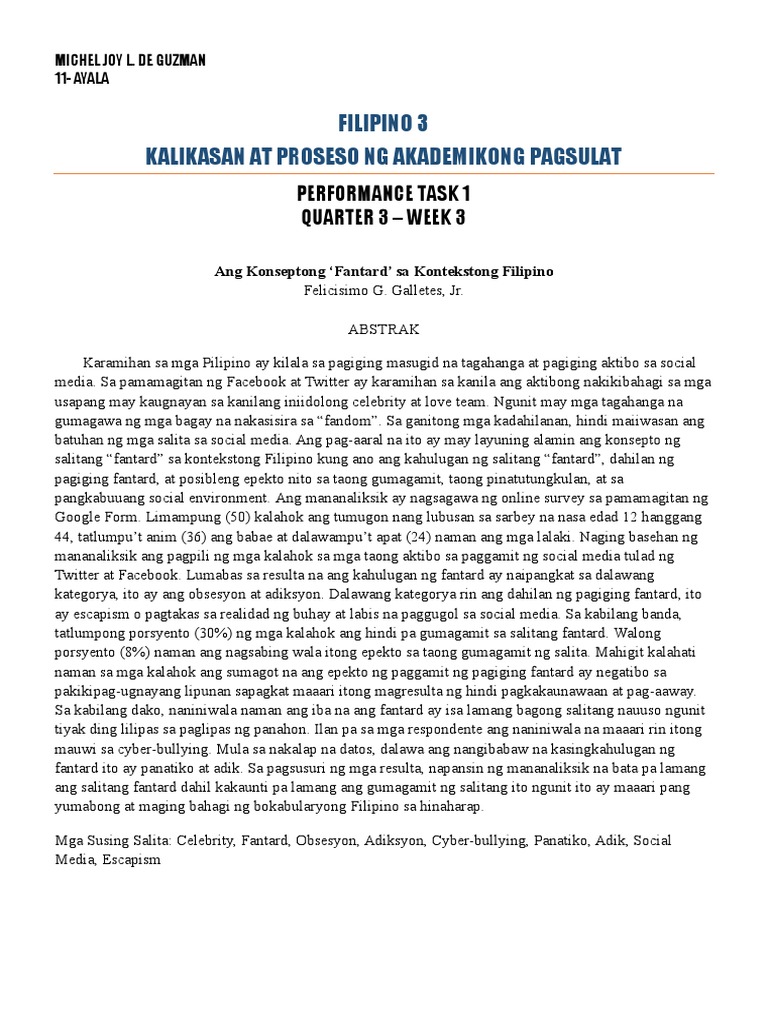 Filipino 3 Kalikasan at Proseso NG Akademikong Pagsulat: Performance ...