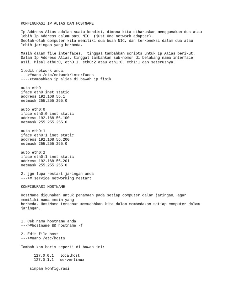 Konfigurasi Ip Alias Address Dan Hostname | PDF