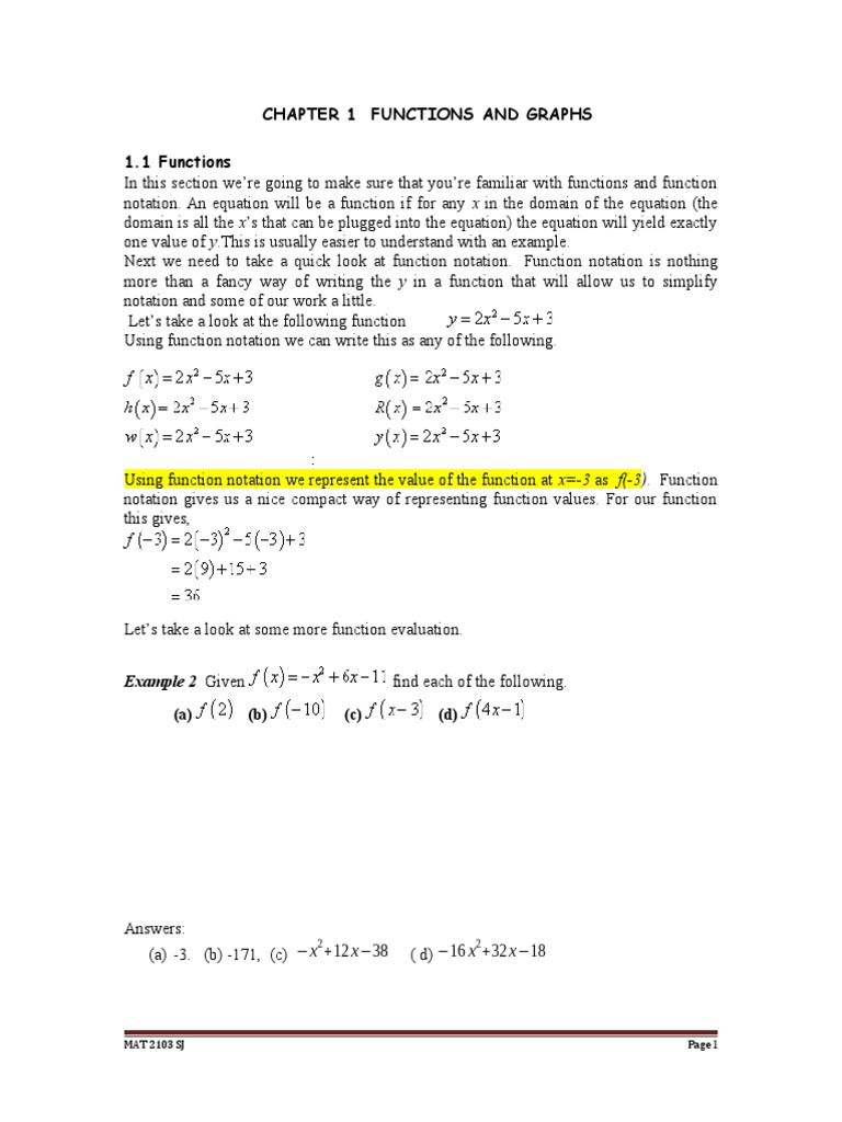 Chapter 1 Functions and Graphs 1.1 Functions: Example 2 Given | PDF ...